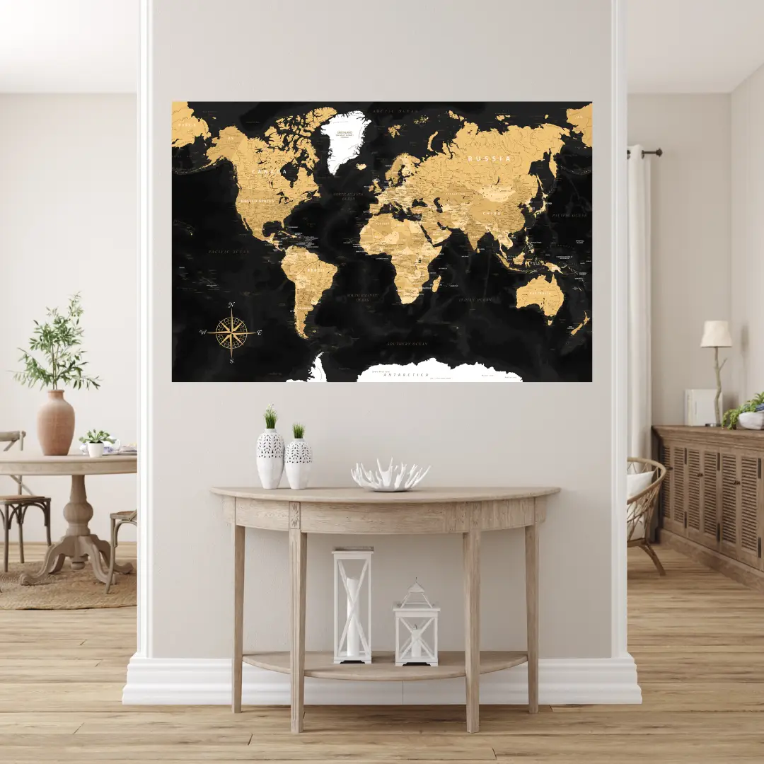 Hartă a lumii cu ace Push Pins – Midnight Gold - Gravirano Explore